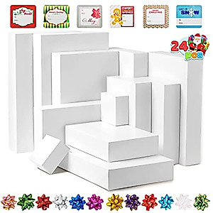 JOYIN 24 PCS Assorted Christmas Shirt Gift Box, 4 Sizes White Paper Assorted Shirt Wrap Box Set with Lids, Base, Bows and Gift Tag Stickers for Present Wrap Décor, Gift Wrapping