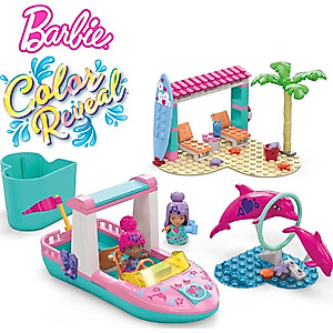 MEGA Barbie Color Reveal Building Toy Playset, Dolphin Exploration with 121 Pieces, 15 Surprises and Accessories, Kids Age 5+ Years