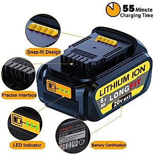 LONG FIT 2 Packs Replace for DeWalt 20v Battery 6.0Ah (DCB206), Replace for DeWalt Battery 20V Max DCB205-2 DCB206 DCB180 DCB204 DCB203 DCB20, Compatible with DeWalt 20V Cordless Power Tools