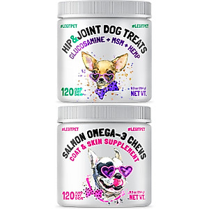 LEGITPET Hemp Hip & Joint Supplement for Dogs 120 Soft Chews and Omega 3 Alaskan Salmon Oil Treats for Dogs 120 Chews