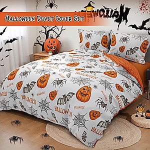 Halloween Duvet Cover Set Queen Fall Pumpkin Spider Cobweb Bat Pattern Duvet Cover, 3 Piece Halloween Themed Bedding Set with Pillowcases, Soft Microfiber Festival Room Decor for Teens Kids(90''x90'')