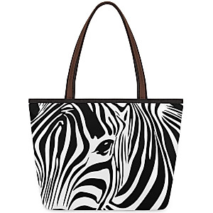 Zebra Animal Print Large Totes Top Handle Purse Women Shoulder Bag, Zebra Pattern Tote Bag with Zipper Handbag for Travel School Girls