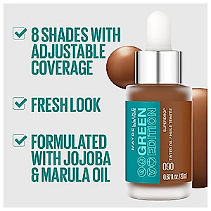 Maybelline Green Edition Superdrop Tinted Oil Base Makeup, Adjustable Natural Coverage Foundation Formulated With Jojoba & Marula Oil, 40, 1 Count
