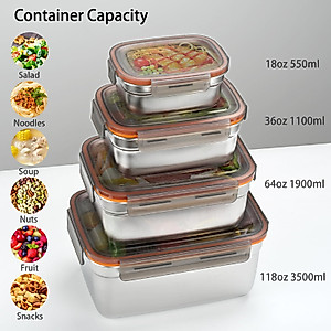 4 Pack Food Storage Containers with Lids, Stainless Steel Fridge Storage Containers Airtight Leak-Proof Metal Storage Containers for Food Leftover Storage at Home or for Camping Trip Road Trip