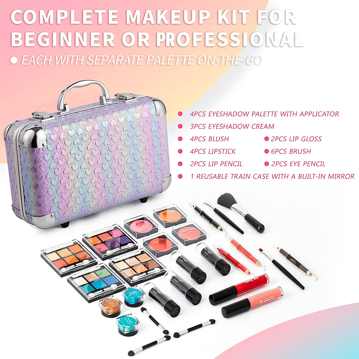 Hot Sugar All In One Makeup Set for Teenager Girls 10-12 Full Makeup Kit for Beginners Includes Eye Shadow Palette Blush Lip Gloss Lipstick Eye Pencil Brush Mirror (Purple Heart)