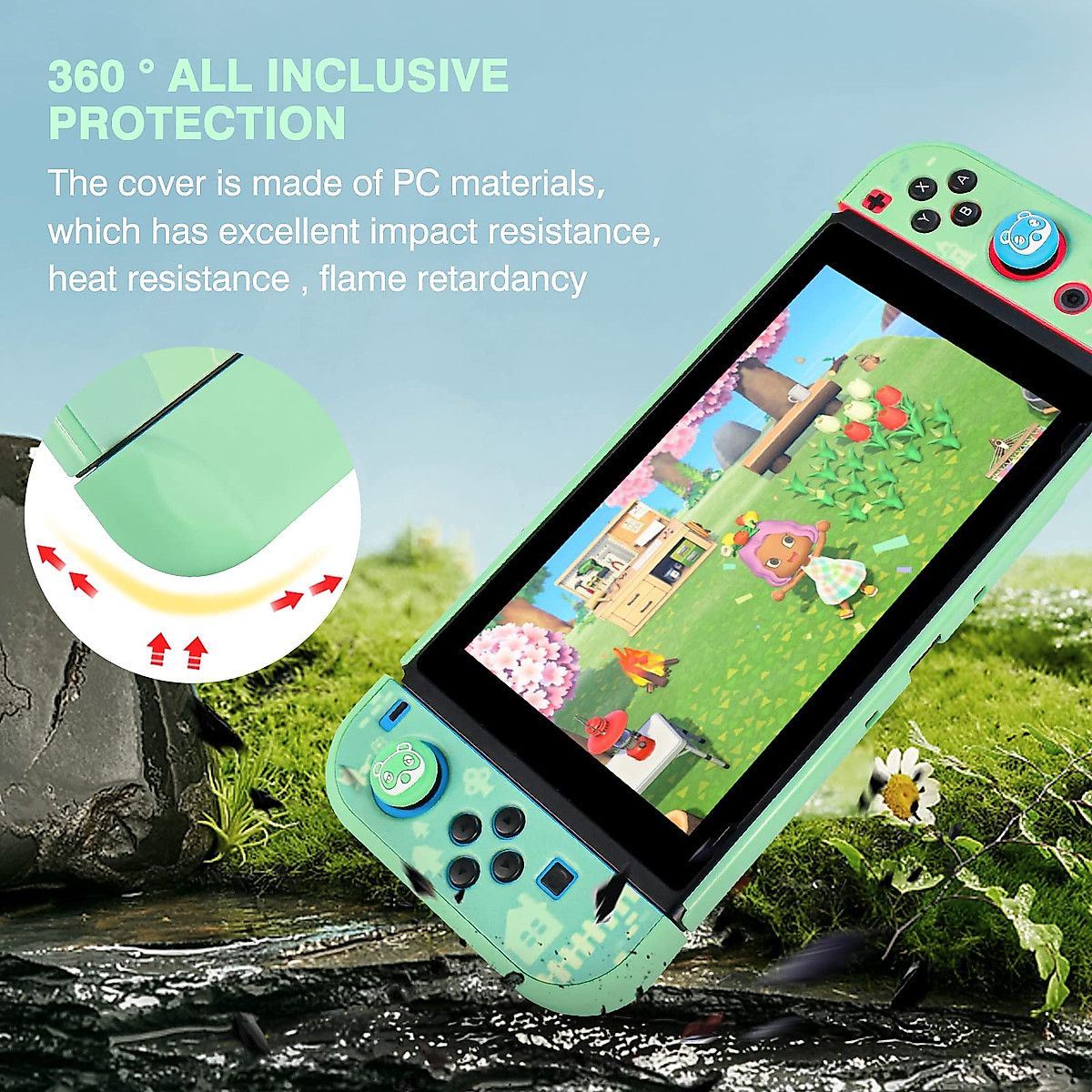 DLseego Protective Case Design for Switch Model, Newest Pattern Animal Crossing Design Cover Case with 2 Pcs Glass Screen Protectors and 4 Pcs Cute Thumb Grip Caps Green Accessories Set
