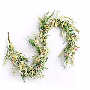 LOHASBEE Spring Garland, 5 Feet Artificial Summer Flower Flora Greenery Garland with Berries for Indoor Outdoor Garden Front Door Window Home Porch Farmhouse Wedding Stair Party Decor