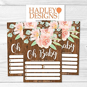 25 Rustic Floral Baby Shower Invitations, Sprinkle Oh Baby Invite For Girl, Coed Gender Reveal Neutral Theme, Pink Floral Printed Fill or Write In Blank Printable Card, Cute Wood Party DIY Supplies