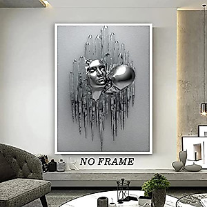 3d Metal Effect Wall Art Abstract Couple Picture Silver Metal Painting Couple Hugging Wall Art Modern Love Poster Couple Metal Canvas Painting for Living Room Bedroom Wall Decor 16x24inch No Frame