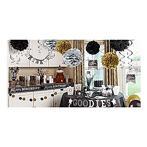 Black and Gold Party Decorations - Masquerade and Birthday Party Decorations with DIY Paper Pom Poms Flowers, Tassel Garland, Balloons, Hanging Swirl, Circle Paper Garland - 58Pcs