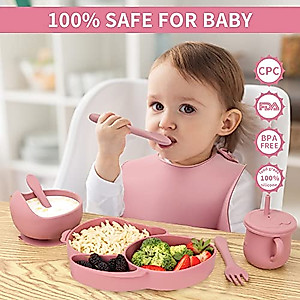 Puxdiauk Silicone Baby Feeding Set, 6 Pcs Baby Led Weaning Supplies with Rabbit Suction Plates, Toddler Bowls Forks and Spoons Bib Cup, Sturdy and NO-BPA for Kid, Dark Pink