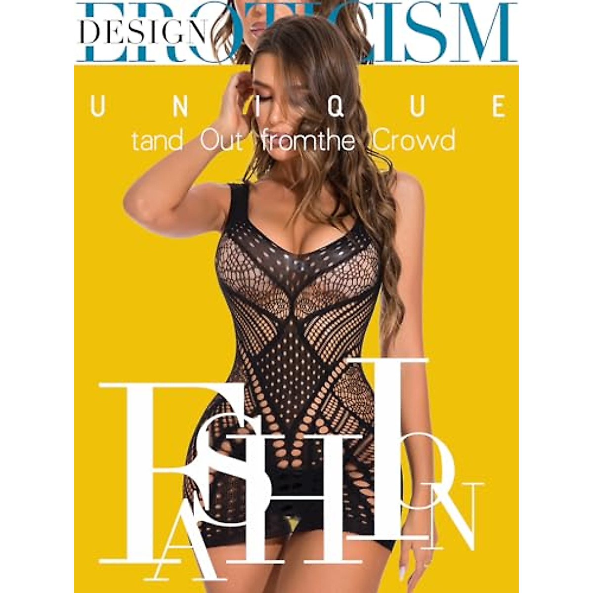 SeaFever Sexy Lingerie for Women Fishnet See Through Bodysuit One Piece V-Neck Mini Dress Intimates Sex Clearance Strapless Mesh Chemise Babydoll (Black)