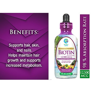 Maximum Strength Liquid Biotin Drops w/ 12,500 MCG – Best Vitamins for Fast Hair Growth, Reduced Hair Loss, Healthy Skin & Strong Nails -5X More Potent Than Pills– Max Absorption, Vegan– 4oz, 30 Serv
