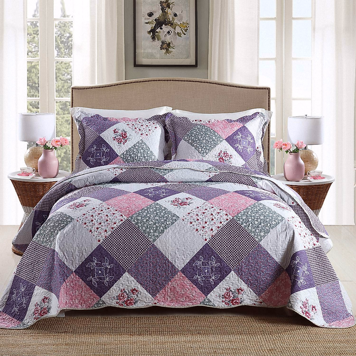 HoneiLife Quilt Set Queen Size - 3 Piece Microfiber Reversible Bedspreads Patchwork Coverlets Floral Bedding Set All Season Quilts with Geometric and Little Rose Print Pattern