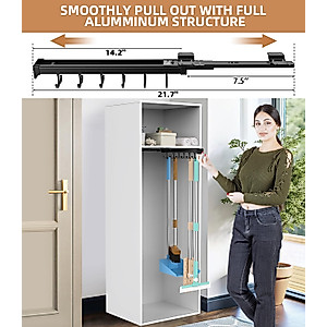 PrimZooty Pull Out Broom Holder With Adjustable Double Row Sliding Hook, Multifunctional Slide Broom And Mop Storage/Organizer Garage Organization Hooks, for Closet Laundry Garage Cupboard Kitchen
