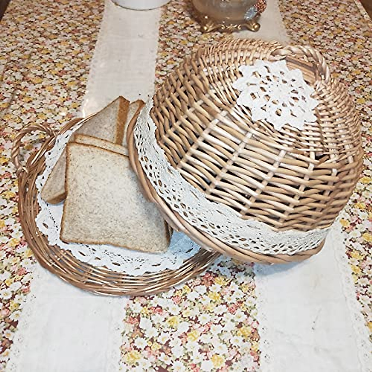 Coralpearl Rattan Wicker Woven Food Dome Lid Cover and Table Serving Tray Storage Plate Platter with Handles for Picnic Party Bread Cake Pizza Dry Fruit Dessert Indoor Outdoor (Brown)