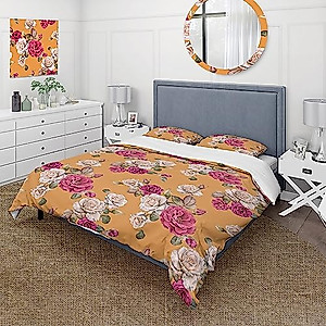 DESIGN ART Designart 'White and Red Roses On Mustard Background' Traditional Duvet Cover Set Twin