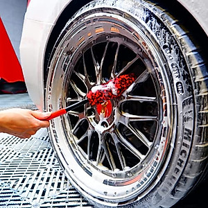 Professional 4 Pack Long Handle Wheel Brush Kit for Cleaning Wheel and Tire- 2X Soft Wheel Woolies Cleaning Brush, Detailing Brush and Stiff Tire Brush, Bendable& Durable Wheel Rim Cleaner Brush Set