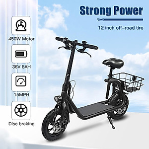 ROXAAN Electric Scooter Adults with Seat, 15.5Mph 20Miles Range Foldable Electric Scooter for Adults, 450W Powered E-Scooter for Commuting W/Basket, 12.5" Pneumatic Tire Sports Scooter (Matte Black)
