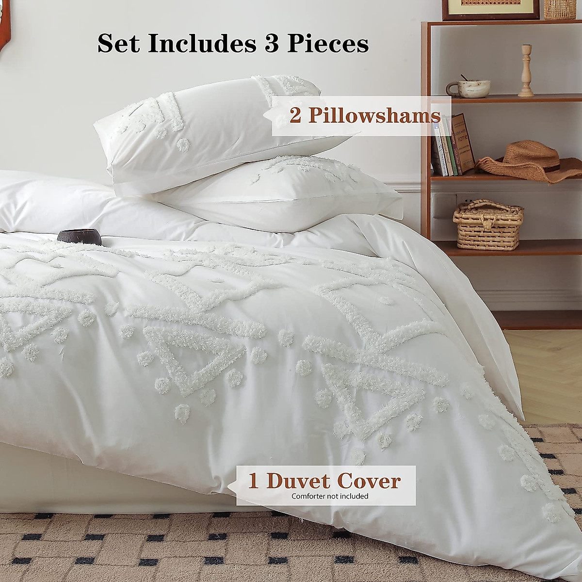 Simple&Opulence 100% Cotton Boho Tufted Duvet Cover Set, 3Pcs Textured Embroidery Comforter Cover Set -1 Duvet Cover&2 Pillowcases, Jacquard Shabby Chic Farmhouse Bedding for All Season(White, Queen)