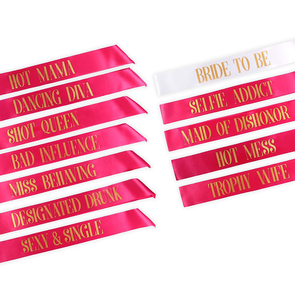 Pop Fizz Designs Bachelorette Sash Set (12 pcs) 1 White Bride to Be Sash + 1 Maid of Honor Sash + 10 Bachelorette Sashes for The Bride Tribe - Amazing Bachelorette Party Favors