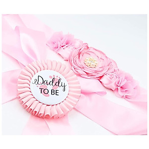 GDTO8820 CoolerthingsDG, 3pcs 2 badges and a belt Pink, Baby Pink Maternity Sash & Daddy to Be Corsage Set - Baby Shower Sash Baby Girl Pregnancy Sash Keepsake Baby Shower Flower Belly Belt