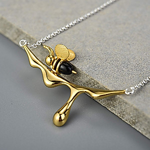 Lotus Fun S925 Sterling Silver Pendant Necklace Bee and Dripping Honey Pendant with Necklaces Chain Length 18.5 inches, Handmade Unique Jewelry Gifts for Women (Gold)