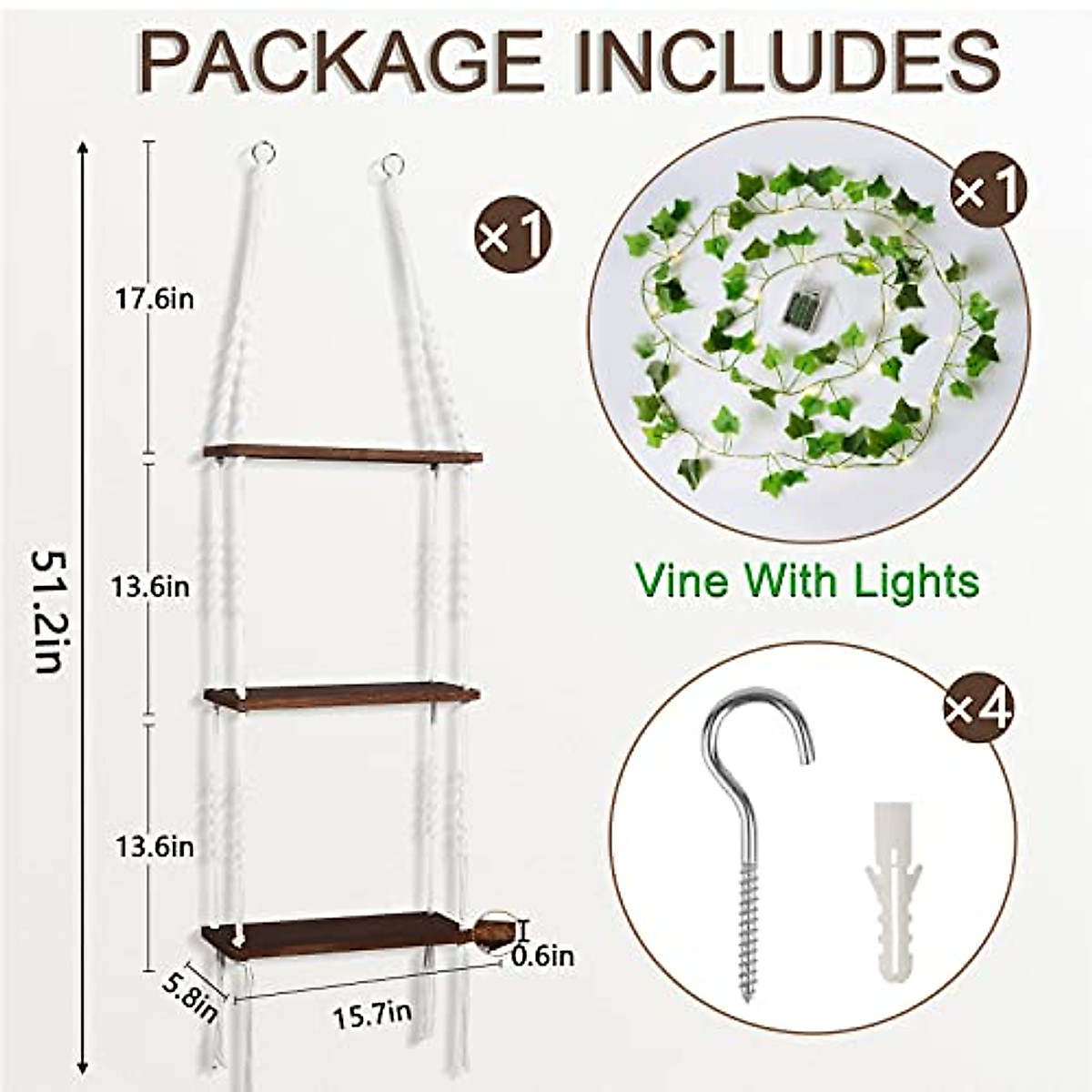 Hanging Shelf with Vine Lights, Macrame Plant Shelf, Wall Shelf, Wall Storage with Handmade Woven Ropes, 3 Tier Floating Shelf, Boho Room Decor Aesthetic for Succulents, Bedroom, Living Room, Bathroom