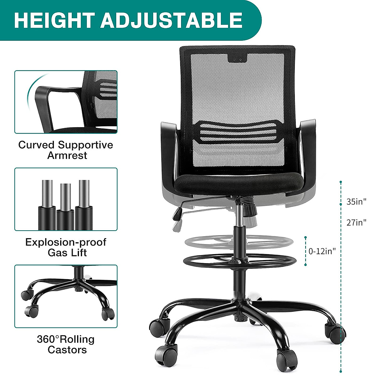 OLIXIS Tall Standing Office Desk Adjustable Foot Ring Drafting Chair, Darkblack