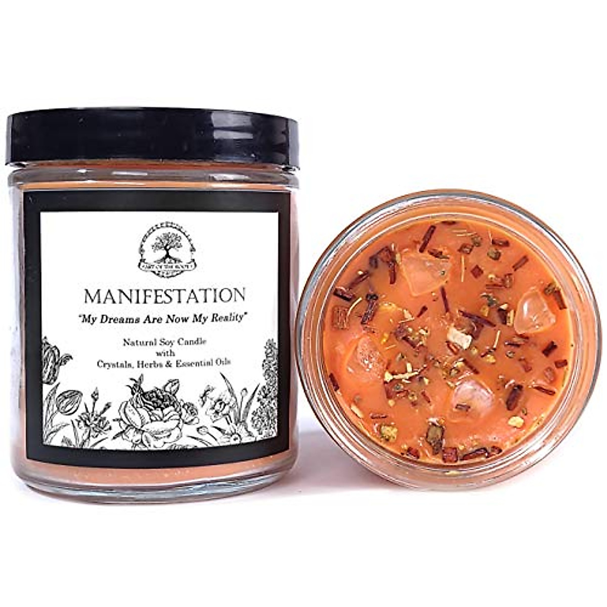 Manifestation Affirmation Candle | 9 oz Natural Soy Wax & Citrine Crystals, Herbs & Essential Oils | Dreams, Wishes, Law of Attraction Rituals | Wiccan, Pagan Metaphysical, Spirituality