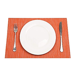 SHACOS Vinyl Placemats Set of 6 Durable Wipe Clean Place Mats Stain Resistant Heat Resistant Indoor Outdoor PVC Weave Table Mats (6, Orange)