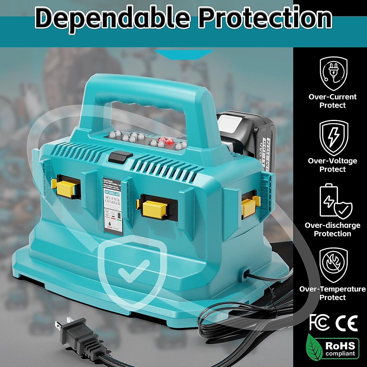 【Charge Choose Button & Wall Hole】 Replacement 6 Port Charger for Makita 18V Six Port Lithium-Ion Charger Fast Charge with Power Button,6 LED Indicators