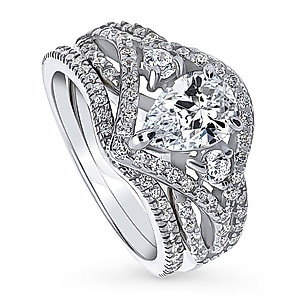 BERRICLE Sterling Silver 3-Stone Wedding Engagement Rings Pear Cut Cubic Zirconia CZ Woven Ring Set for Women, Rhodium Plated Size 9.5