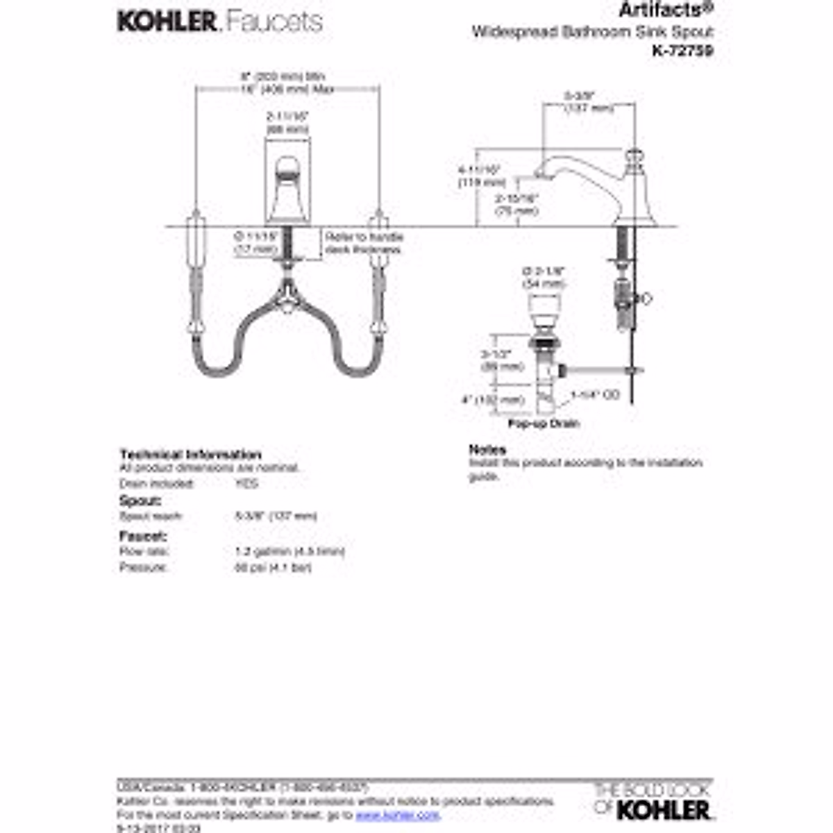 KOHLER K-72759-SN Artifacts Bathroom sink spout with Bell design, Less Handles, Vibrant Polished Nickel