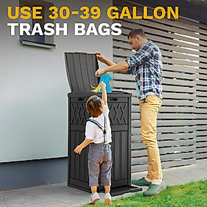 DWVO 33 Gallon Outdoor Trash Can with Tiered Lid and Drip Tray, Waterproof Resin Garbage Can for Patio, Kitchen, Deck and Backyard - Black