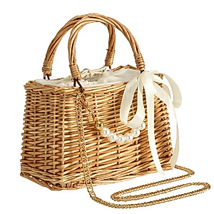 So'each Women's Handmade Rattan Wicker Artificial Pearl Shoulder Bag Beige