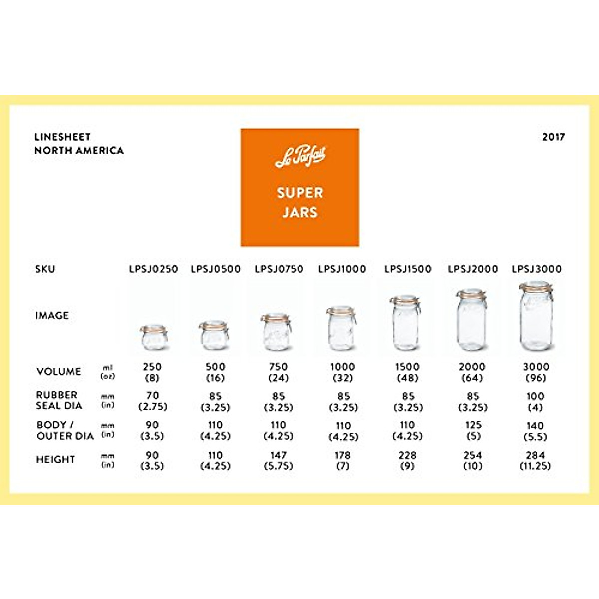 Le Parfait Super Jar - 1.5L French Glass Canning Jar w/Round Body, Airtight Rubber Seal & Glass Lid (48oz/Quart & Half, Pack of 3)