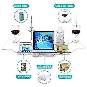 Bath Tray for Tub, Adjustable Bathtub Caddy Tray with Extending Side, Metal Bathtub Shelf Expandable Storage Rack Organizer with Wine Glass and Phone Holder for Home Bathroom Luxury Bathing, Silver