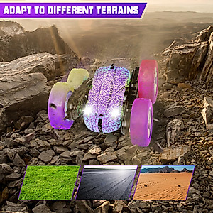 28℃ Remote Control Car Stunt RC Cars, 4WD Rechargeable RC Truck with Headlights Wheel Lights, Double Sided 360 Flips Stunt Toy Car for Kids Boys Girls 6 Year Old Christmas Birthday Gift (Purple)
