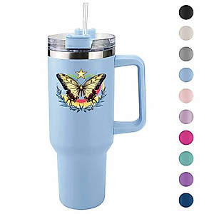 40 Oz Insulated Tumbler with Handle and Straw,Watercolor Butterfly Star Leaf Stainless Steel Vacuum Insulated Travel Mug,Leak-proof Water Bottle Iced Coffee Cup,Vintage Rainbow