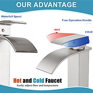 Midanya Waterfall Spout Bathroom Faucet Single Handle 1 Hole Bathroom Sink Faucet,Modern RV Lavatory Vanity Basin Faucet with 6 Inch Deck Plate for 1 or 3 Hole and Water Hose,Brushed Nickel