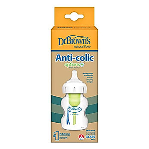 Dr. Brown's Natural Flow Anti-Colic Options+ Wide-Neck Glass Baby Bottle 5 oz/150 mL, with Level 1 Slow Flow Nipple, 1 Pack, 0m+