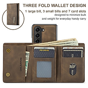 Oidealo 2 in 1 Wallet Case for Samsung Galaxy Z Fold 5, DG.MING Retro Leather Cell Phone Back Cover Magnetic Detachable with Trifold Wallet Credit Card Cash Holder (Coffee)
