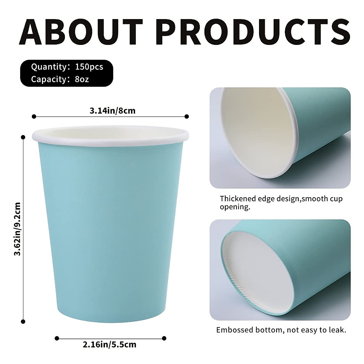 [150 Pack] Paper Cups 8 Oz, Disposable Paper Coffee Cup, Hot or Cold Beverage Drinking Paper Cups, Paper Cups for Party, Picnic, BBQ, Travel, and Event(Light Blue)