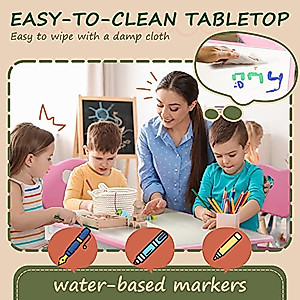 Qaba Kids Table and Chair Set with 4 Chairs, Adjustable Height, Easy to Clean Table Surface, for 1.5-5 Years Old, Pink