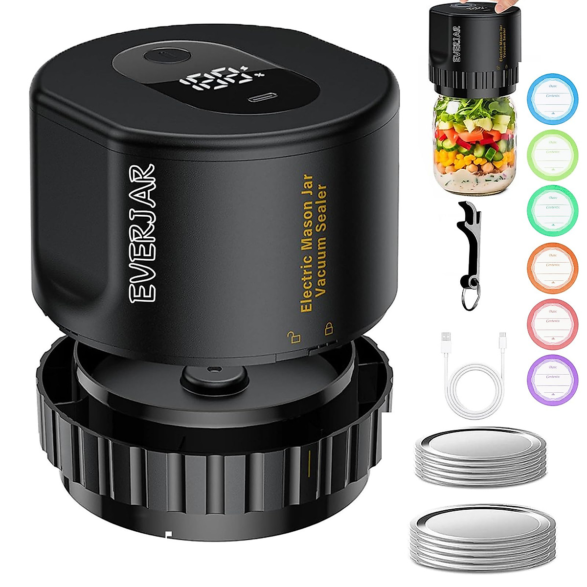 Generic Everjar - Mason Jar Vacuum 2 IN 1 Design Electric Mason Jar Vacuum Sealing Kit, Fully Automatic Suction Stop Food Storage Vacuum Sealer for Wide Mouth and Regular Mouth Mason Jars, Black