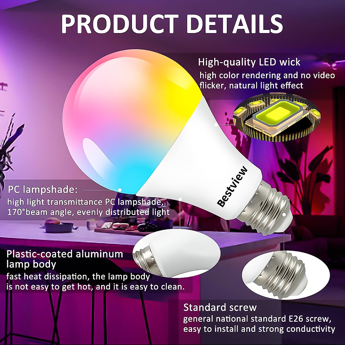 Bestview RGB LED Light Bulb, Color Changing Light Bulbs with Remote Control, RGBW Warm White 5W E27 Screw Base,Mood Light Flood E26 Light Bulb-16 Color Choices for Home Party Bedroom Outdoor(2 Pack)