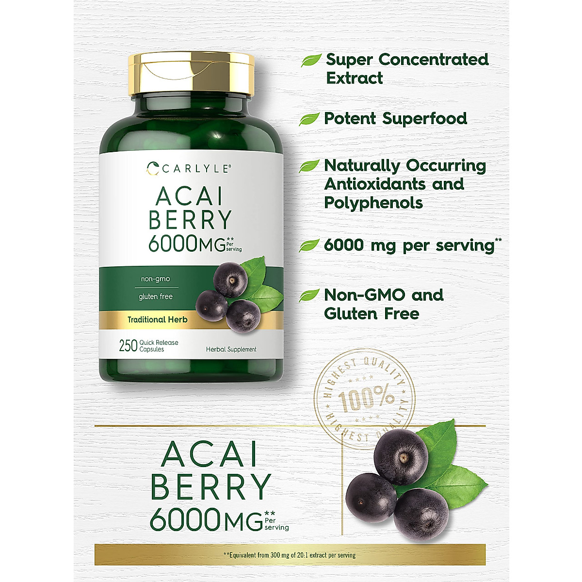 Carlyle Acai Berry Capsules 6000mg | 250 Count | Non-GMO & Gluten Free Acai Berry Extract