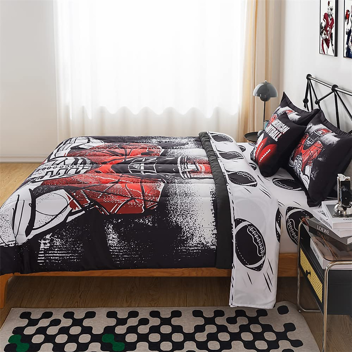 qjmiaofang Football Comforter Set 6Pieces Boys American Football Bedding Set Twin Size for Kids Teens Sports Themed Bed in A Bag American Football Player Bedding Set with Black Football Sheet for Home