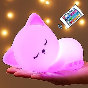 Mubarek Cat Night Light for Kids, 16 Colors Dimmable Kids Night Light, Remote Silicone Night Lights for Kids Room, 1800mAh Rechargeable Cute Lamp,Timer Baby Night Light for Kids,Cute Gifts for Girls